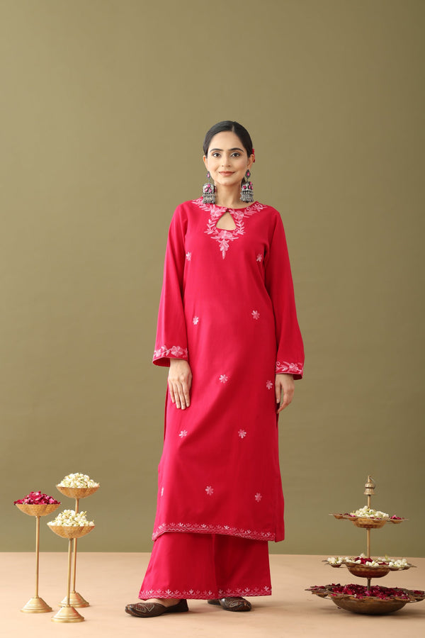 Raspberry Wool Blend Kurta Palazzo Set | Pink Aari Embroidery Kashmiri ...